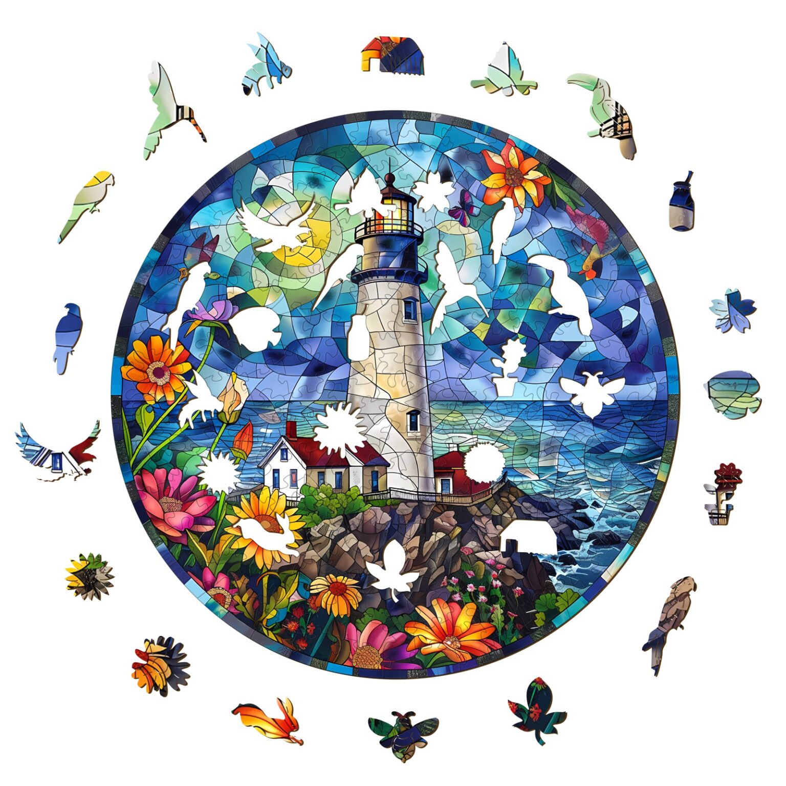 Mindful Wooden Jigsaw Puzzle-Stained Glass Lighthouse 2 - NoblePuzzles